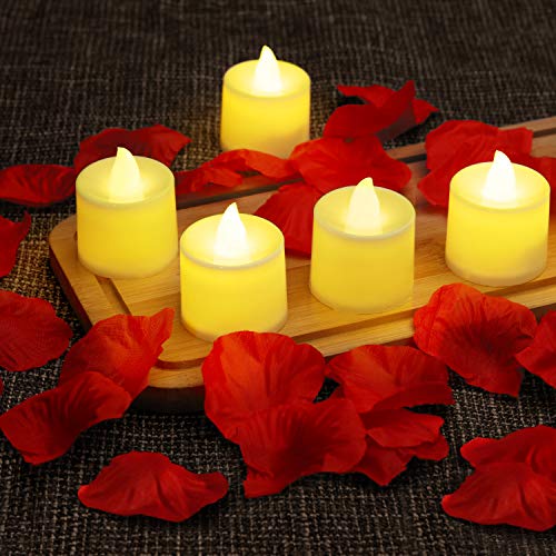 B2LOVER 1000 Pieces Artificial Rose Petals with 24 Pcs Flameless Candles for Romantic Night,Battery Operated Led Candles Valentine's Day Wedding Table Party Anniversary Decor