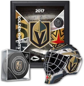 vegas golden knights ultimate fan collectibles bundle - includes team impact 15" x 17" frame, mini goalie mask, and official game puck - nhl team plaques and collages