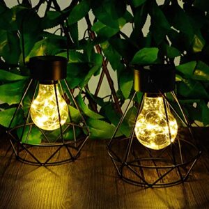 MAGGIFT 2 Pack Hanging Solar Lights, Outdoor Solar Powered Tabletop Lanterns with 15 LED Copper Lights Blub, Waterproof Solar Lantern with Handle for Yard, Lawn, Patio, Garden Decoration, Warm White