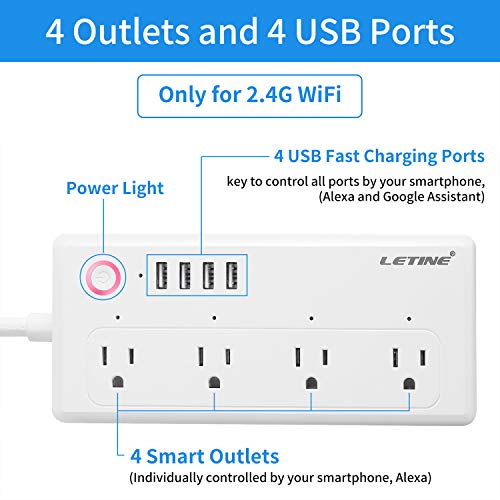 Smart Power Strip Work with Alexa, Google Home, 4.92ft Surge Protector Extension Cord, 4AC Outlets and 4 USB Charging Ports, Timer Schedule, Remote Control via Smart Phone, Smart WiFi Outlets