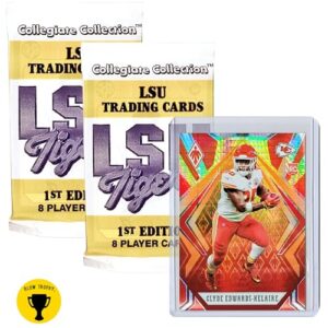 clyde edwards-helaire rookie card bundle 2020 phoenix fire burst #121 clyde edwards-helaire kansas city chiefs rookie card lsu tigers football card in toploader and 2 packs of lsu tigers trading cards