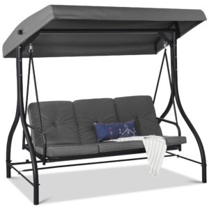 best choice products 3-seat outdoor large converting canopy swing glider, patio hammock lounge chair for porch, backyard w/flatbed, adjustable shade, removable cushions - gray