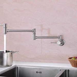 GICASA Pot Filler Faucet Wall Mounted, Double Joint Swing Arm Single Hole Pot Filler Faucet Brushed Nickel, Two Handles Brass Folding Stretchable Kitchen Faucet Pot Filler