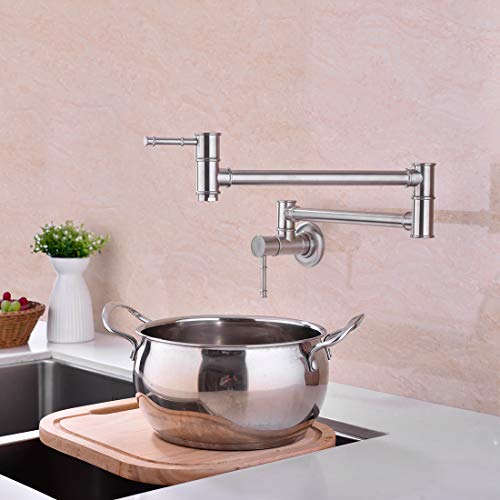 GICASA Pot Filler Faucet Wall Mounted, Double Joint Swing Arm Single Hole Pot Filler Faucet Brushed Nickel, Two Handles Brass Folding Stretchable Kitchen Faucet Pot Filler