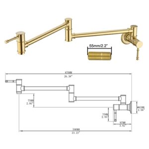 GICASA Pot Filler Faucet Wall Mounted, Double Joint Swing Arm Single Hole Pot Filler Faucet Brushed Nickel, Two Handles Brass Folding Stretchable Kitchen Faucet Pot Filler