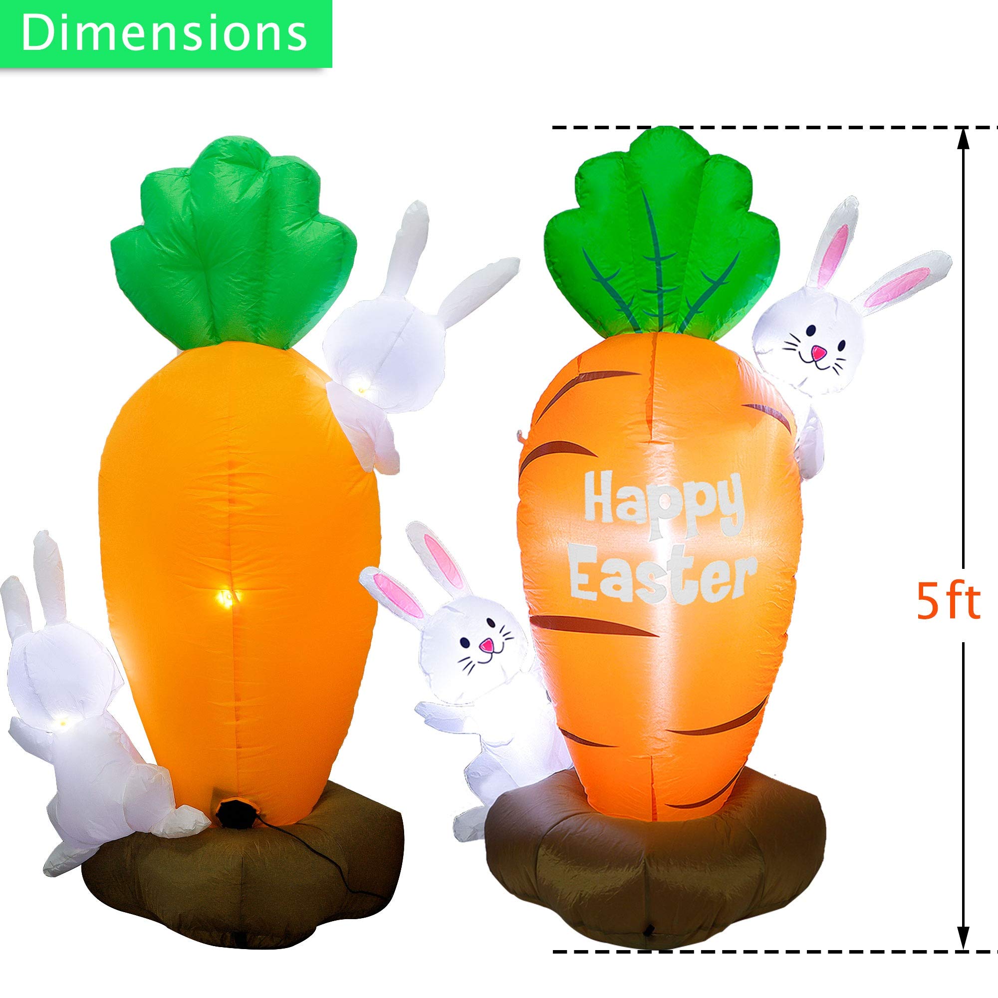 ATDAWN 5 ft Easter Inflatable Bunnies with Giant Carrot, Easter Inflatable Outdoor Holiday Decoration, Easter Blow Up Lawn Yard Garden Inflatables Decorations