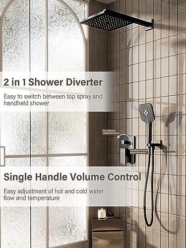 Gabrylly Shower System, 10 Inches Rain Shower Heads with Handheld Spray Combo, Wall Mounted Shower Faucets Sets Complete with Shower Valve Kit, Shower Head and Handle Set, Matte Black