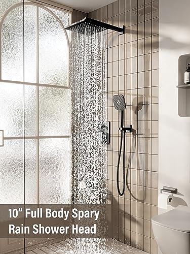 Gabrylly Shower System, 10 Inches Rain Shower Heads with Handheld Spray Combo, Wall Mounted Shower Faucets Sets Complete with Shower Valve Kit, Shower Head and Handle Set, Matte Black