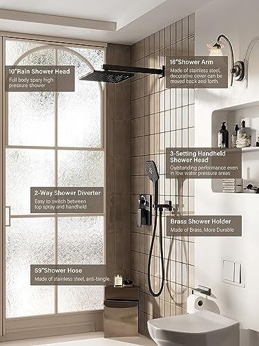 Gabrylly Shower System, 10 Inches Rain Shower Heads with Handheld Spray Combo, Wall Mounted Shower Faucets Sets Complete with Shower Valve Kit, Shower Head and Handle Set, Matte Black