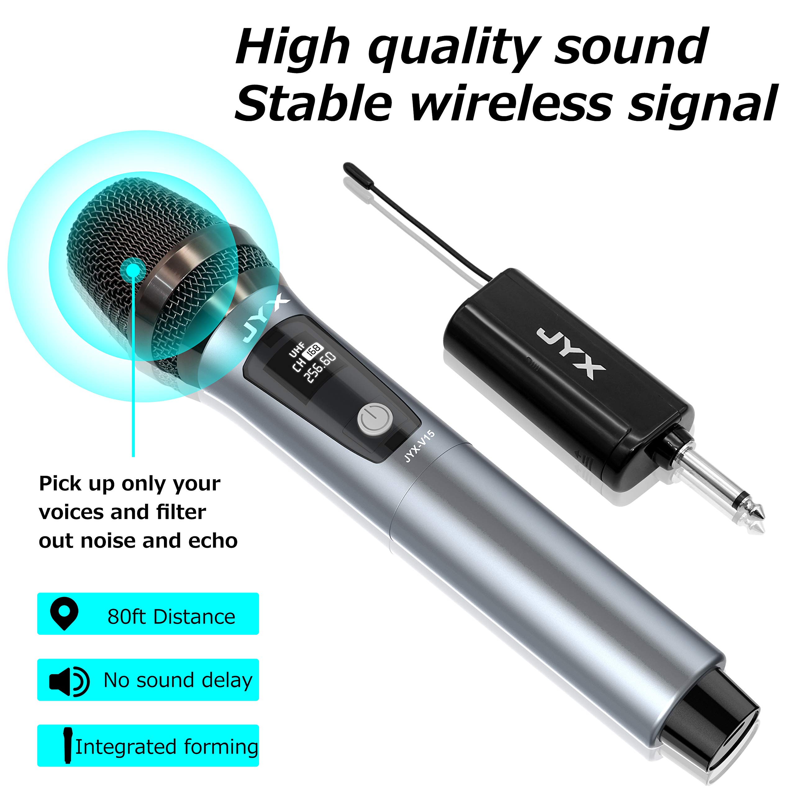 JYX Wireless Microphone, Dynamic Microphone for Karaoke with Receiver and Anti-Slip Ring, 80ft Transmission Distance, Rechargeable Mic System for Karaoke Night, Meeting, Compere, Party