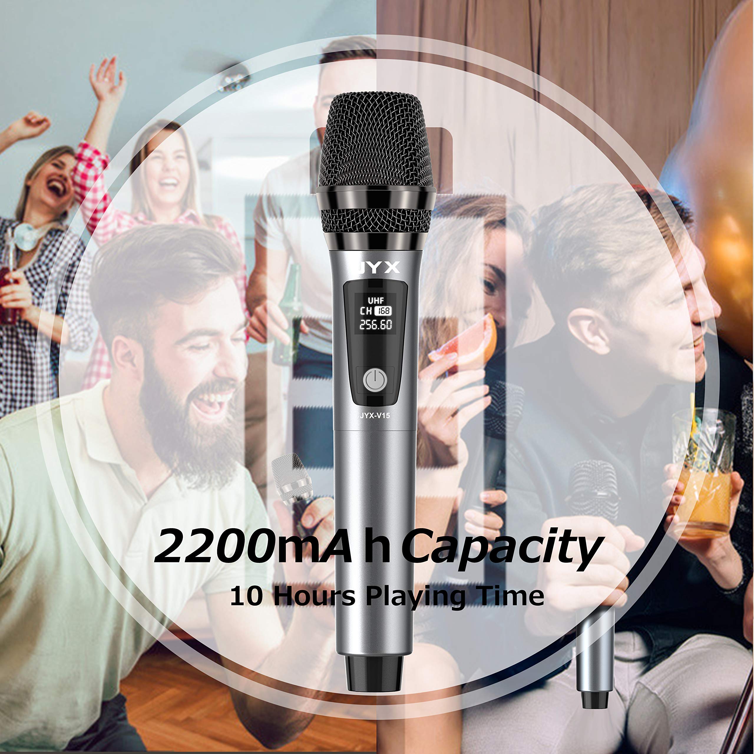 JYX Wireless Microphone, Dynamic Microphone for Karaoke with Receiver and Anti-Slip Ring, 80ft Transmission Distance, Rechargeable Mic System for Karaoke Night, Meeting, Compere, Party