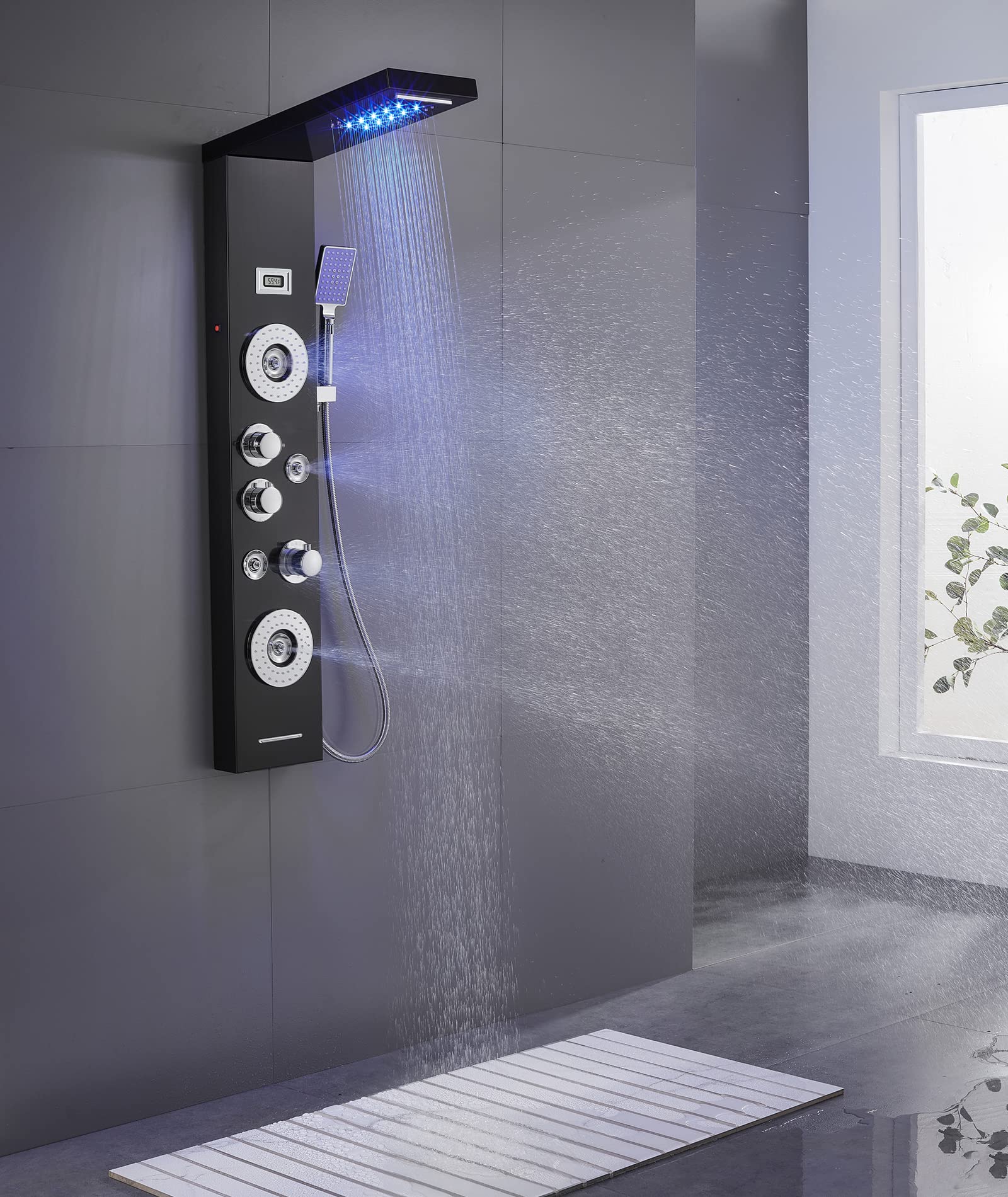 POPFLY 6 In 1 LED Shower Panel Tower System With Waterfall Rain System, 4 Angle Adjustable Mist Jets and High Pressure 2 Body Massage Jets, 304 Stainless Steel Shower Tower, Black