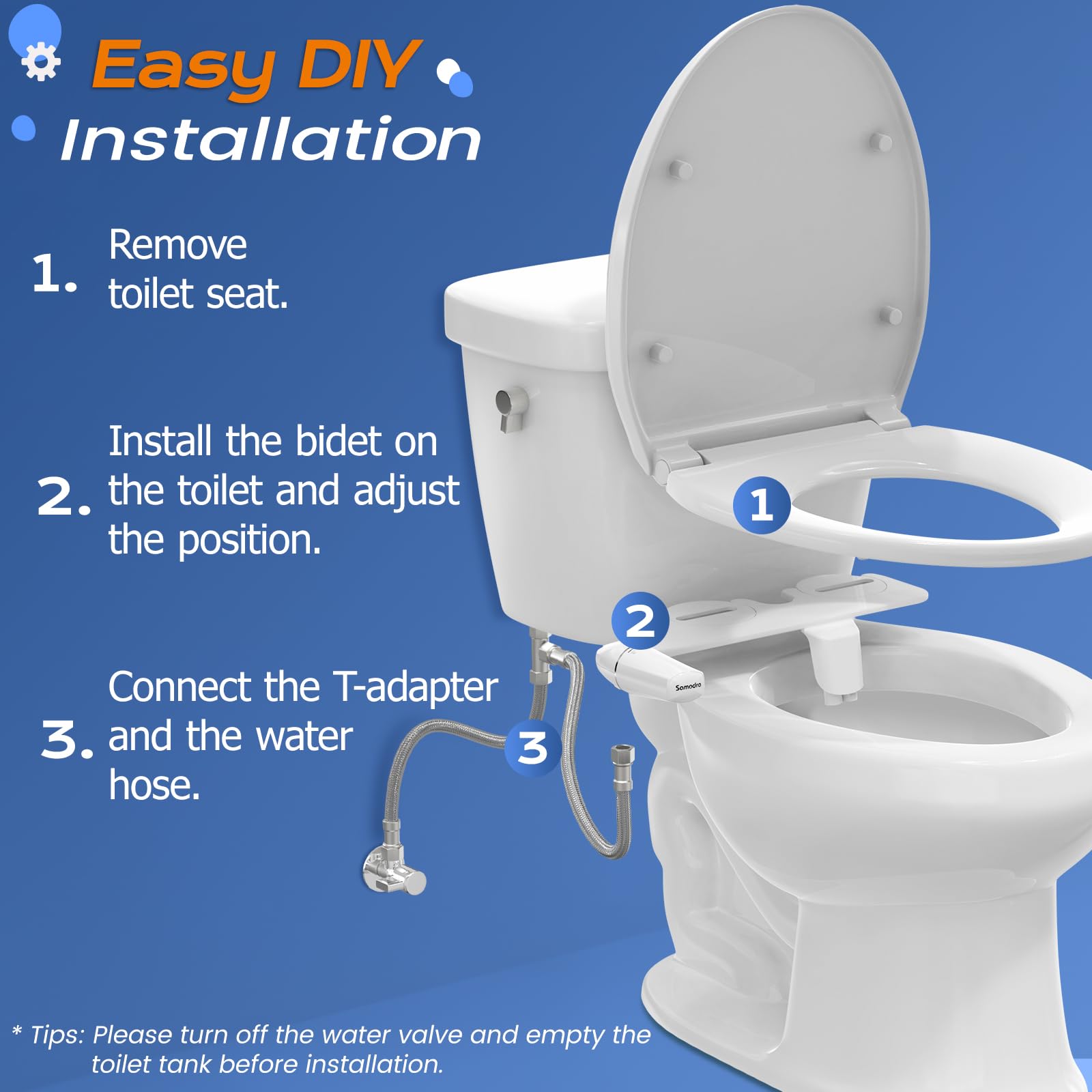 SAMODRA Ultra-Slim Bidet Attachment for Toilet - Dual Nozzle (Frontal & Rear Wash) Hygienic Bidets for Existing Toilets - Adjustable Water Pressure Fresh Water Toilet Bidet - Easy to Install