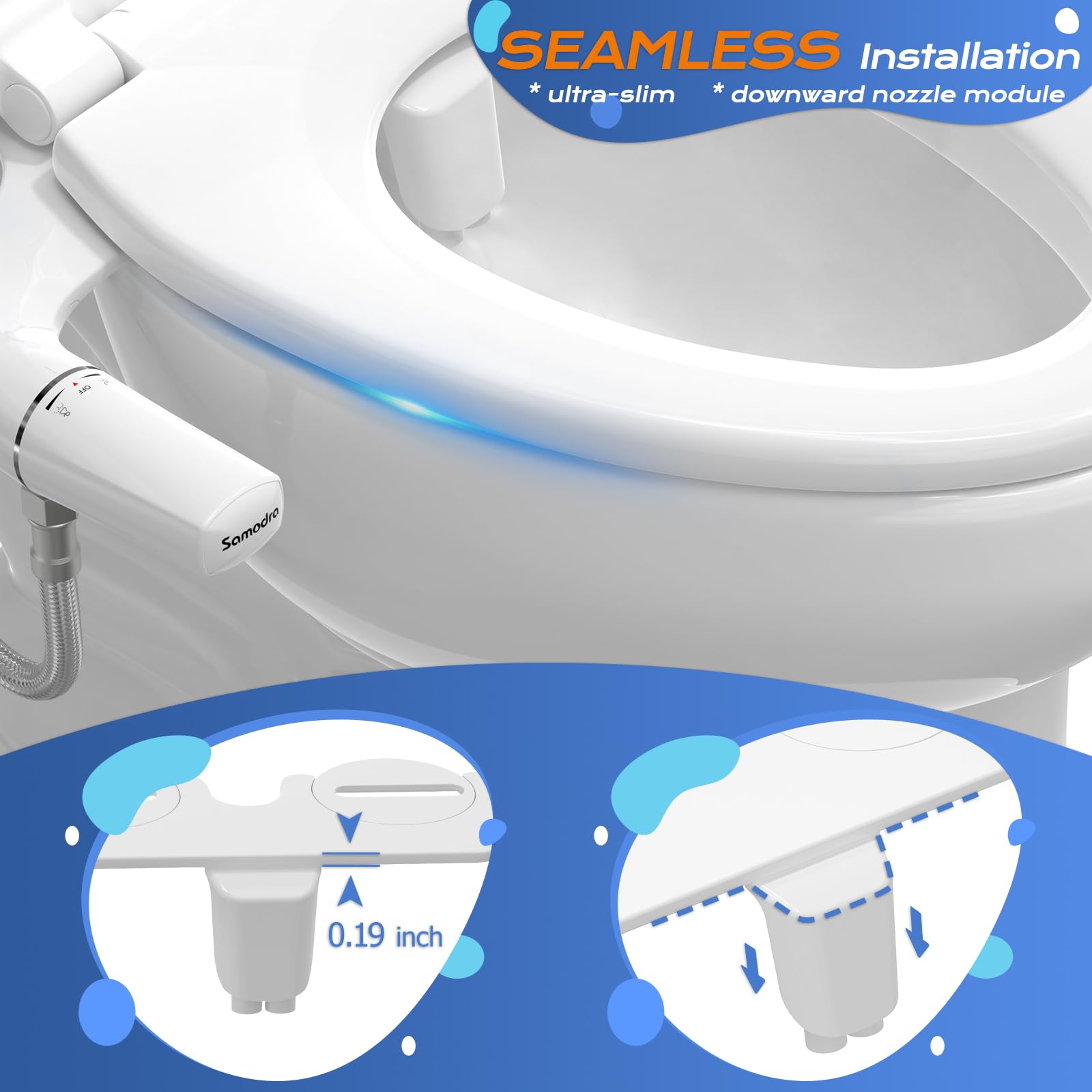 SAMODRA Ultra-Slim Bidet Attachment for Toilet - Dual Nozzle (Frontal & Rear Wash) Hygienic Bidets for Existing Toilets - Adjustable Water Pressure Fresh Water Toilet Bidet - Easy to Install