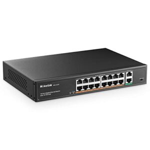 mokerlink 18 port gigabit poe switch, 16 gigabit poe+ ports, 2 gigabit uplink, 250w ieee802.3af/at, metal rackmount unmanaged plug and play ethernet switch