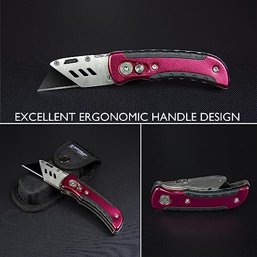 Folding Utility Knife/Carpet Knife/Box Cutter Stainless Steel + 5 Extra Replaceable SK5 Anti-rust Blades+ Nylon Pouch