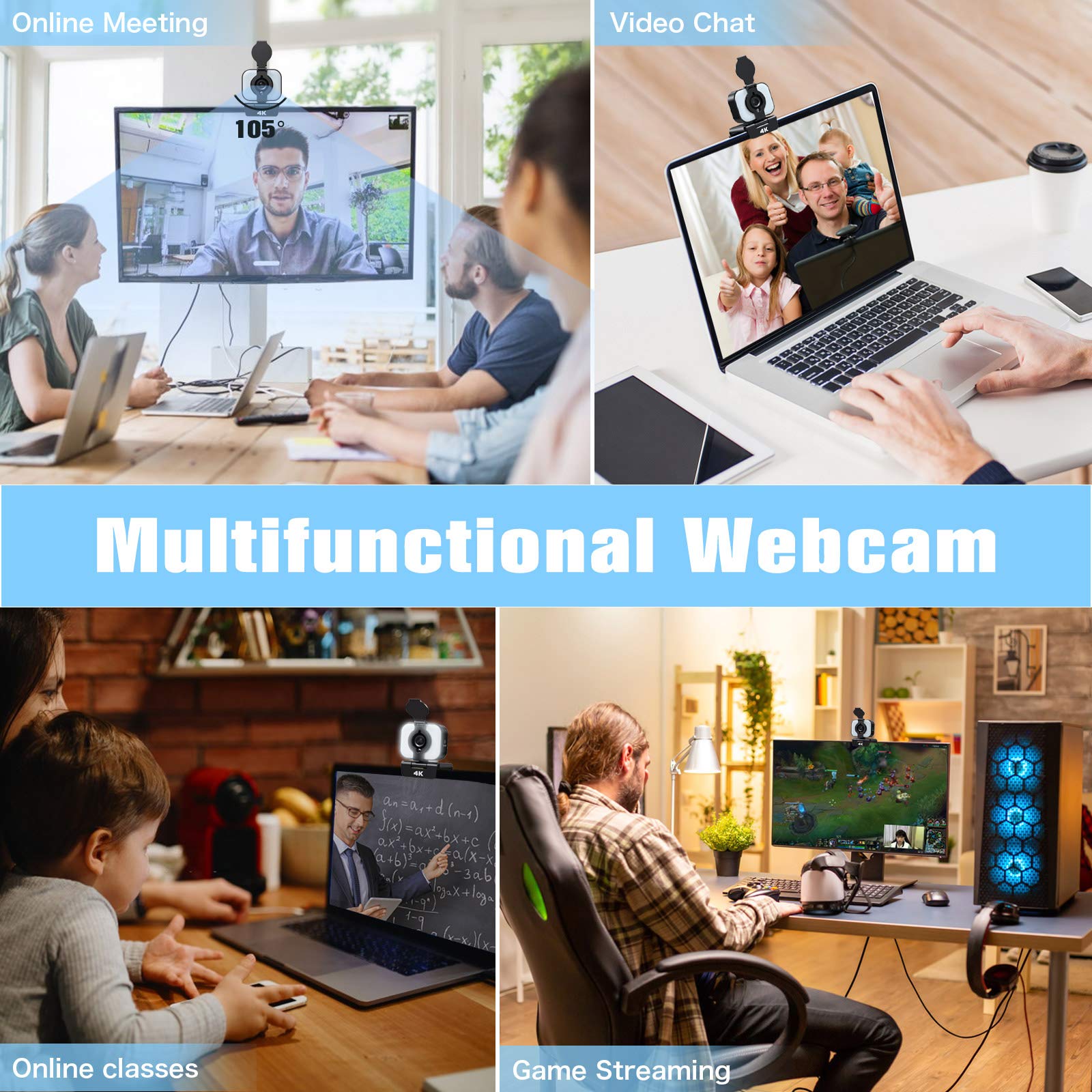 2021 New Version 4K Upgraded Webcam with Adjustable Fill Light and Privacy Cover USB Camera with Microphone Wide Screen Pro Streaming Desktop Laptop Mac Webcam for Face Time Streaming and Conferencing