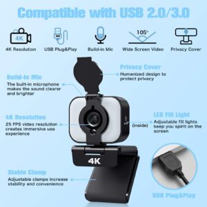 2021 New Version 4K Upgraded Webcam with Adjustable Fill Light and Privacy Cover USB Camera with Microphone Wide Screen Pro Streaming Desktop Laptop Mac Webcam for Face Time Streaming and Conferencing