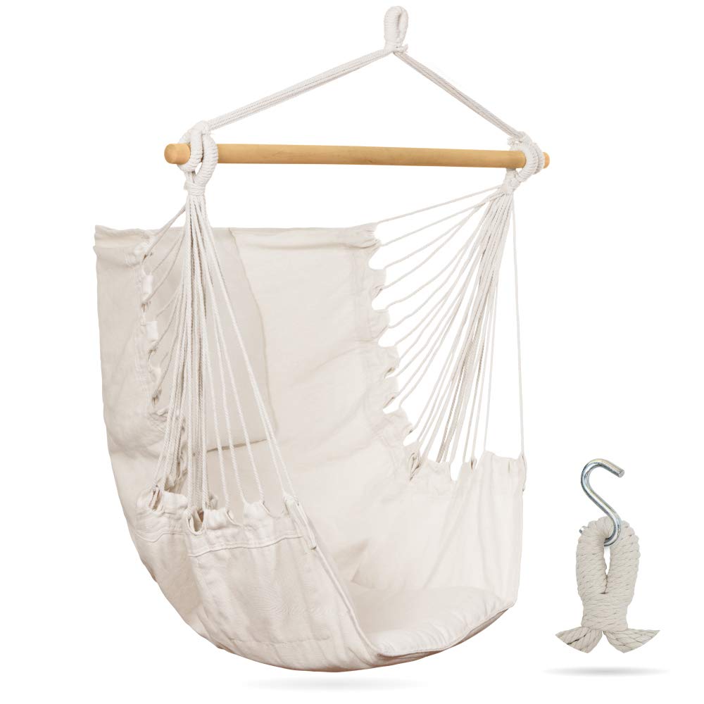 Wise Owl Outfitters Hammock Swing Chair - Boho Cushioned, Swinging, Hanging Chair for Backyard, Bedrooms, Patio, Indoor, Outdoor, Kids & Adults White