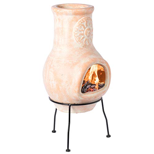 Outdoor Clay Chiminea Sun Design Charcoal Burning Fire Pit with Sturdy Metal Stand