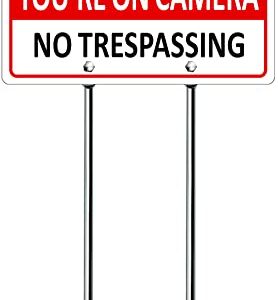 You're on Camera Sign with Stake, Metal No Trespassing Sign with Posts, Aluminum Video Surveillance Signs for Yard Outdoor, Kits Included, Easy to Install