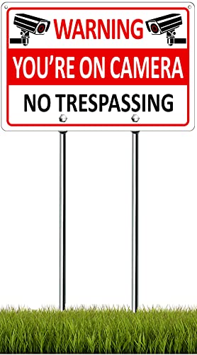 You're on Camera Sign with Stake, Metal No Trespassing Sign with Posts, Aluminum Video Surveillance Signs for Yard Outdoor, Kits Included, Easy to Install