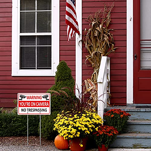 You're on Camera Sign with Stake, Metal No Trespassing Sign with Posts, Aluminum Video Surveillance Signs for Yard Outdoor, Kits Included, Easy to Install