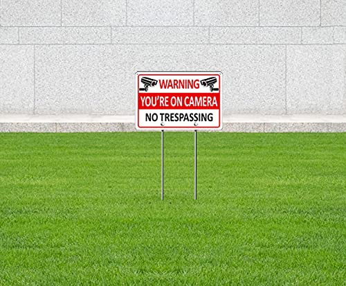 You're on Camera Sign with Stake, Metal No Trespassing Sign with Posts, Aluminum Video Surveillance Signs for Yard Outdoor, Kits Included, Easy to Install