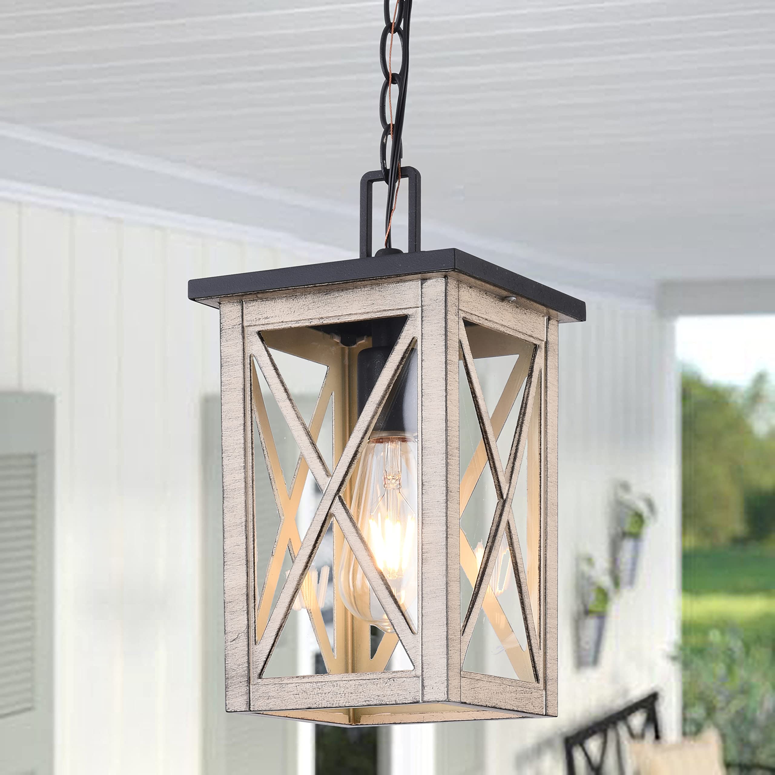 Outdoor Pendant Light Exterior Hanging Lantern Porch Pendant Lights, Light Wood Grain with Glass 1-Light Lamp for for Porch, Patio, Entryway