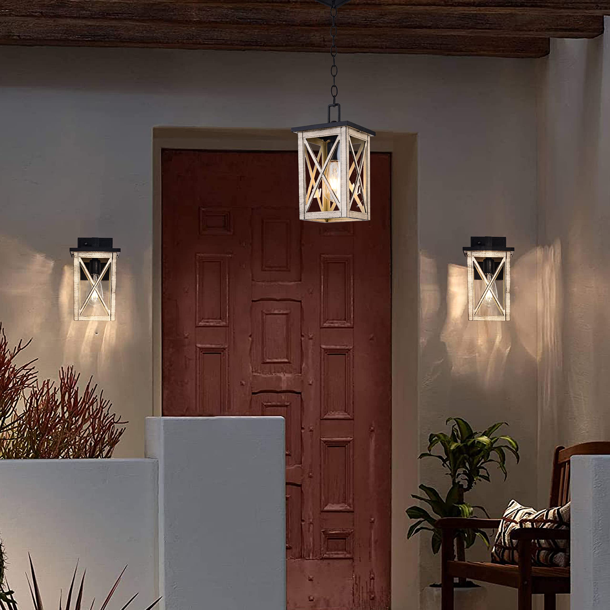 Outdoor Pendant Light Exterior Hanging Lantern Porch Pendant Lights, Light Wood Grain with Glass 1-Light Lamp for for Porch, Patio, Entryway