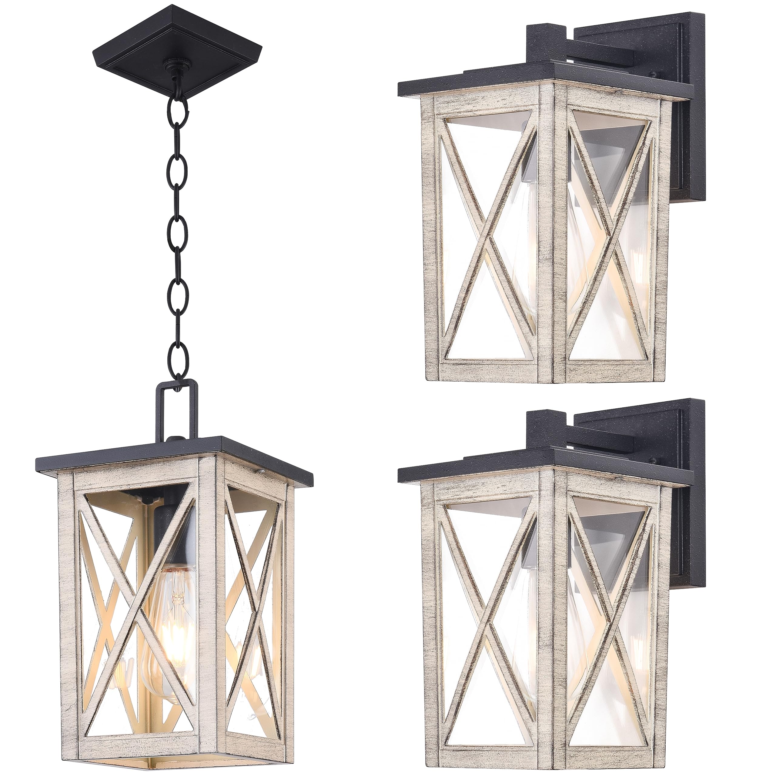 Outdoor Pendant Light Exterior Hanging Lantern Porch Pendant Lights, Light Wood Grain with Glass 1-Light Lamp for for Porch, Patio, Entryway