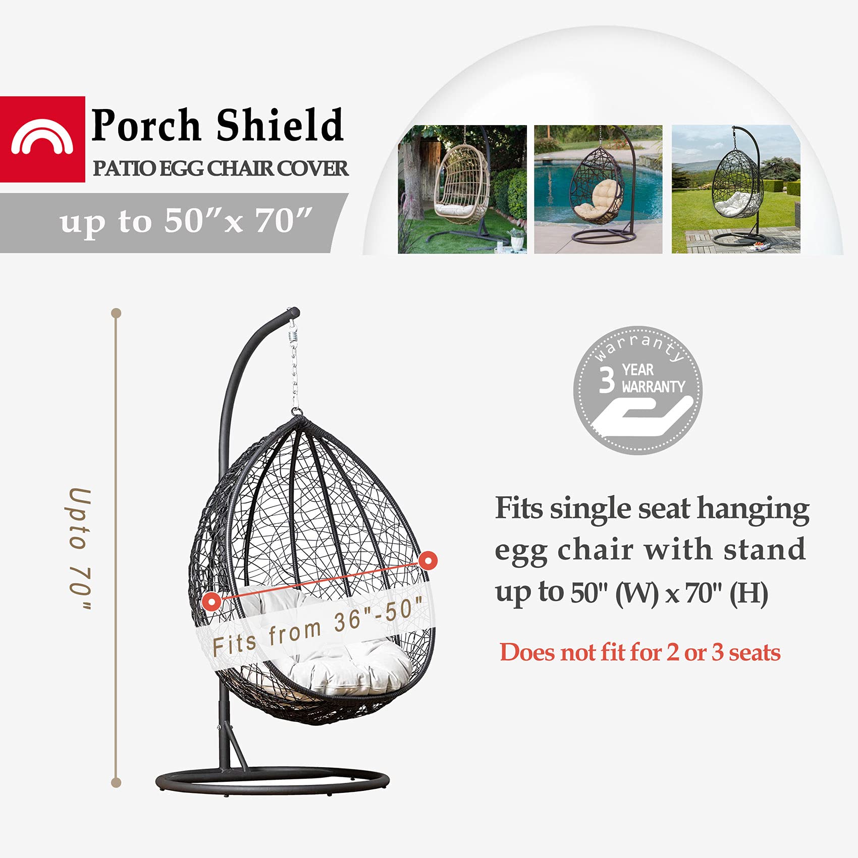 Porch Shield Patio Hanging Egg Chair Cover - 600D Waterproof Outdoor Single Seat Wicker Swing Egg Chair with Stand Protector, Black