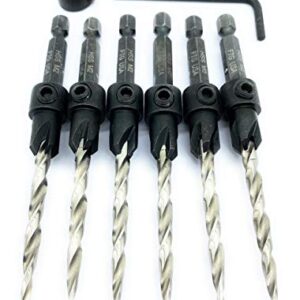 FTG Maximum Torque 6 Piece Same Size #10 (3/16") Pro Pack Countersink Drill Bit Set with 1 Depth Stop Collar 3/8" and 1 Hex Wrench plus 3 Piece Replacement Countersink Drill Bit Only with 1 Hex Wrench