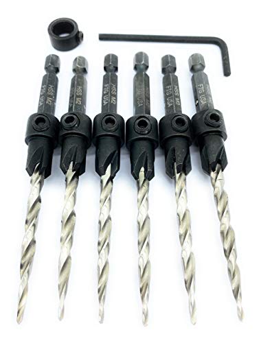 FTG Maximum Torque 6 Piece Same Size #10 (3/16") Pro Pack Countersink Drill Bit Set with 1 Depth Stop Collar 3/8" and 1 Hex Wrench plus 3 Piece Replacement Countersink Drill Bit Only with 1 Hex Wrench