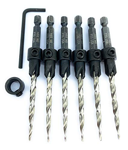 FTG Maximum Torque 6 Piece Same Size #10 (3/16") Pro Pack Countersink Drill Bit Set with 1 Depth Stop Collar 3/8" and 1 Hex Wrench plus 3 Piece Replacement Countersink Drill Bit Only with 1 Hex Wrench