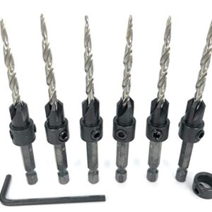 FTG Maximum Torque 6 Piece Same Size #10 (3/16") Pro Pack Countersink Drill Bit Set with 1 Depth Stop Collar 3/8" and 1 Hex Wrench plus 3 Piece Replacement Countersink Drill Bit Only with 1 Hex Wrench