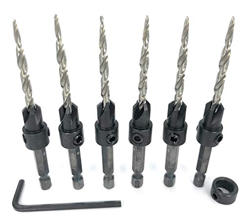 FTG Maximum Torque 6 Piece Same Size #10 (3/16") Pro Pack Countersink Drill Bit Set with 1 Depth Stop Collar 3/8" and 1 Hex Wrench plus 3 Piece Replacement Countersink Drill Bit Only with 1 Hex Wrench