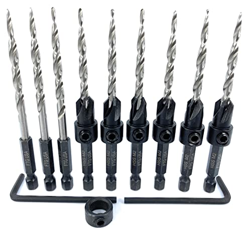 FTG USA Countersink Drill Bit Set 6 Pc #8 (11/64") Wood Countersink Drill Bit Pro Pack Countersink Set, with 3 Replacement Tapered Countersink Bits #8 (11/64"), 1 Stop Collar, 2 Hex Wrench