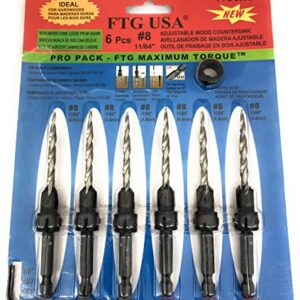 FTG USA Countersink Drill Bit Set 6 Pc #8 (11/64") Wood Countersink Drill Bit Pro Pack Countersink Set, with 3 Replacement Tapered Countersink Bits #8 (11/64"), 1 Stop Collar, 2 Hex Wrench