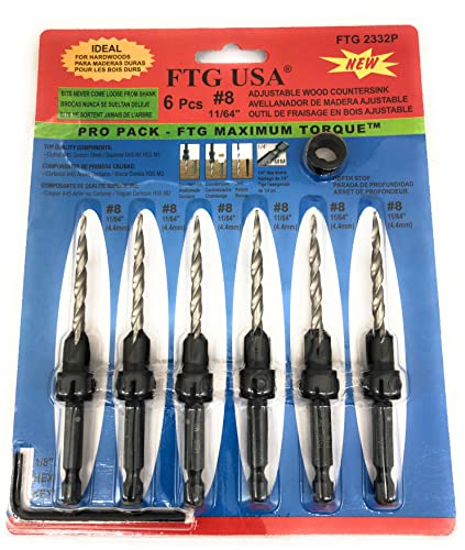 FTG USA Countersink Drill Bit Set 6 Pc #8 (11/64") Wood Countersink Drill Bit Pro Pack Countersink Set, with 3 Replacement Tapered Countersink Bits #8 (11/64"), 1 Stop Collar, 2 Hex Wrench