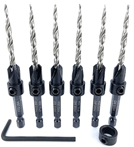 FTG USA Countersink Drill Bit Set 6 Pc #8 (11/64") Wood Countersink Drill Bit Pro Pack Countersink Set, with 3 Replacement Tapered Countersink Bits #8 (11/64"), 1 Stop Collar, 2 Hex Wrench