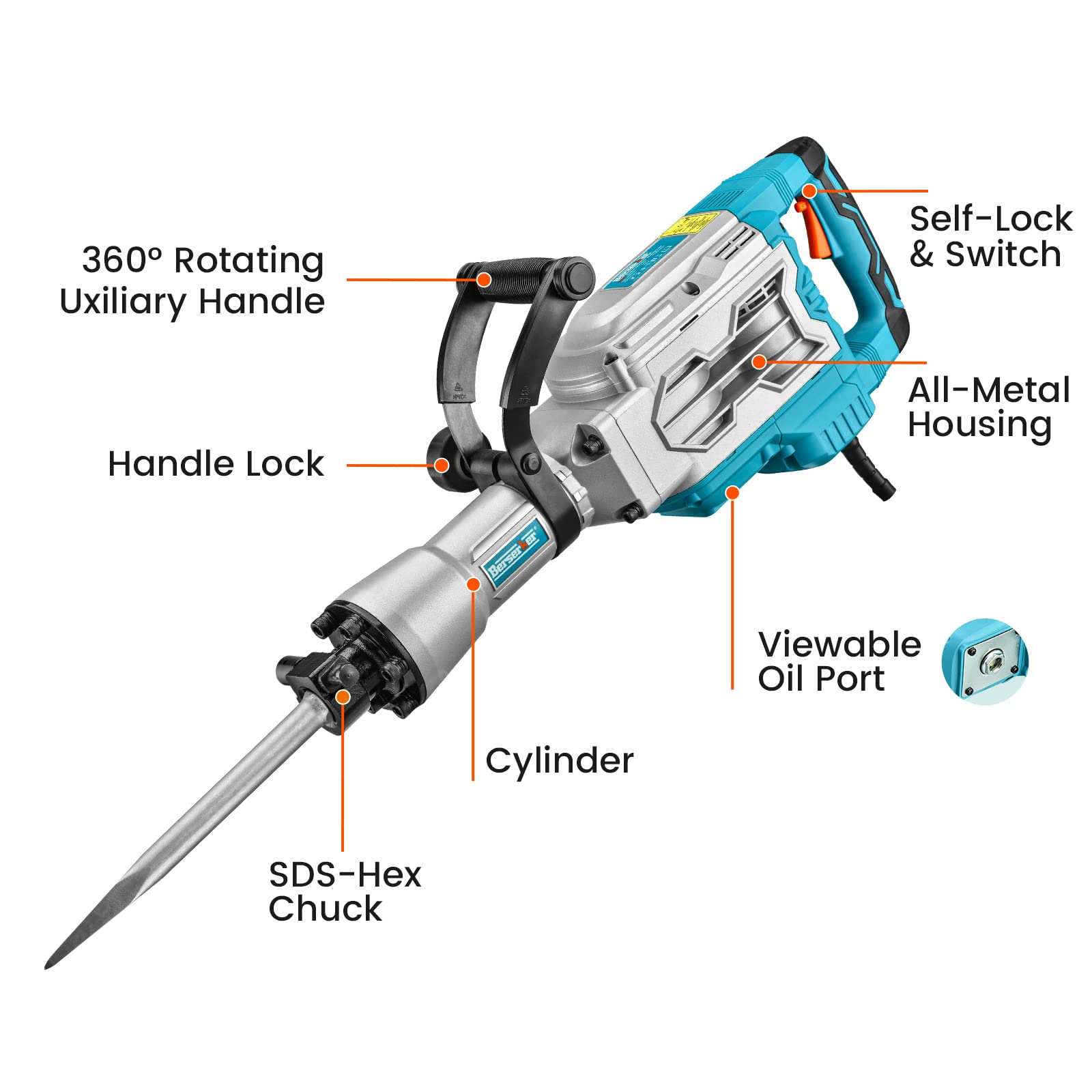 Berserker 1700W 30-Pound SDS-Hex Demolition Jack Hammer,1-1/8" 14-Amp Corded Electric Heavy Duty Demo Chipping Hammer Concrete/Pavement Breaker with Carrying Case Flat Chisel Bull Point Chisel