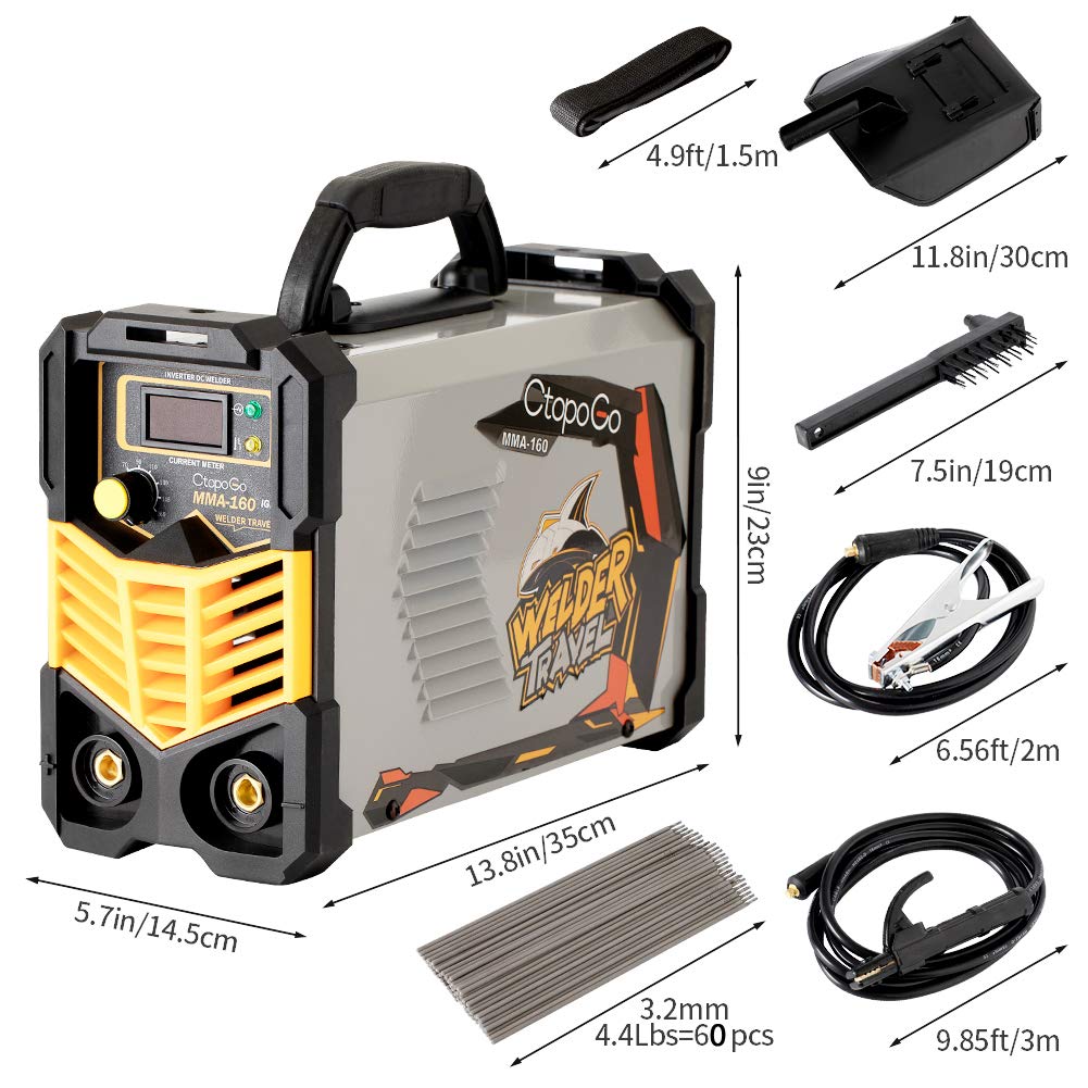 MMA Welder,160A ARC Welder Machine IGBT Inverter Digital Display LCD Hot Start Welder with Welding Stick Electrodes| Electrode Holder| Work Clamp| Input Power Adapter Cable| Brush 110V Home Use