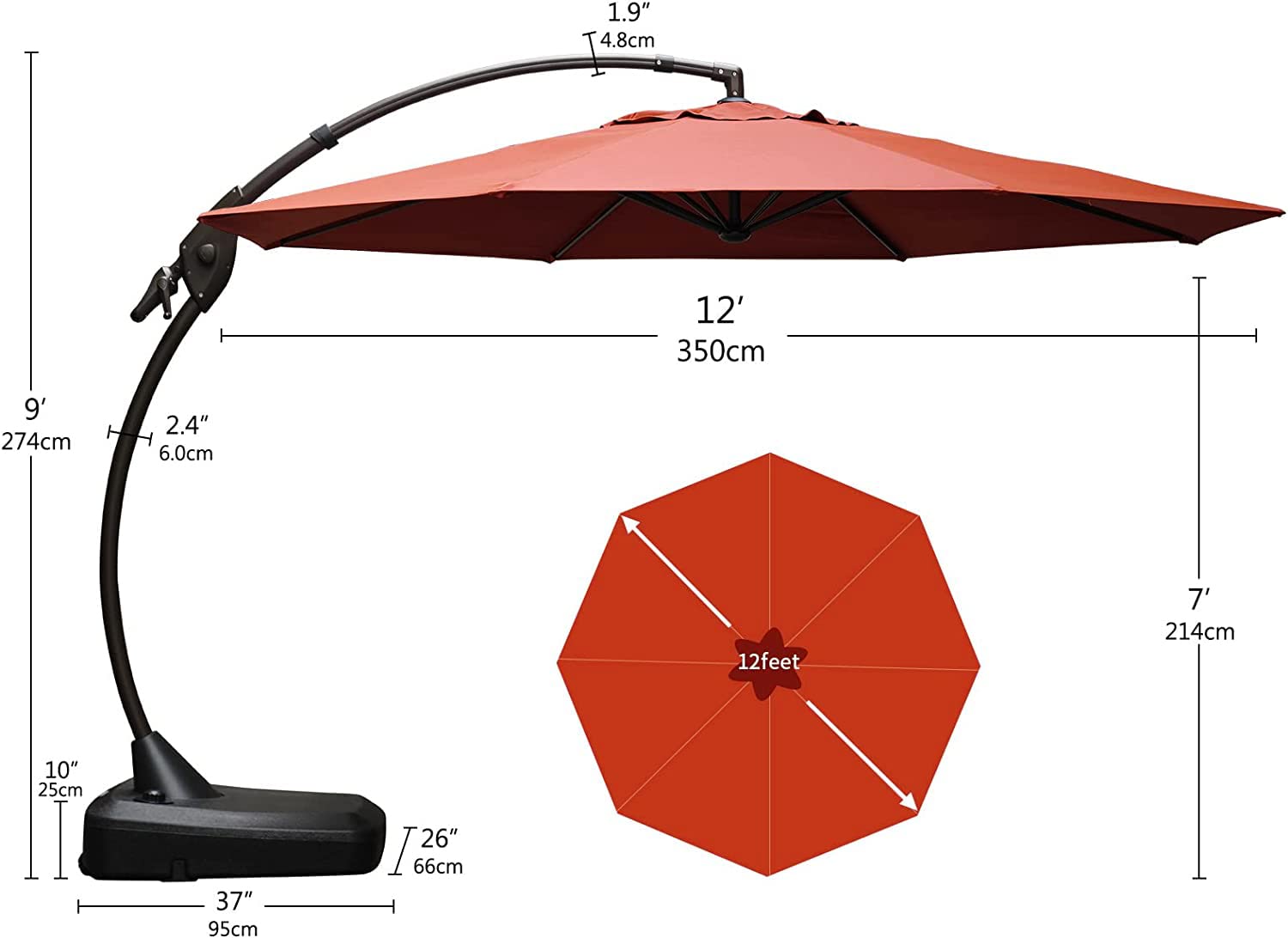 Grand patio Deluxe NAPOLI 12FT Patio Umbrella, Curvy Aluminum Cantilever Umbrella with Base, Round Large Offset Umbrellas for Garden Deck Pool(Canvas Henna, 12 FT-SUNBRELLA)