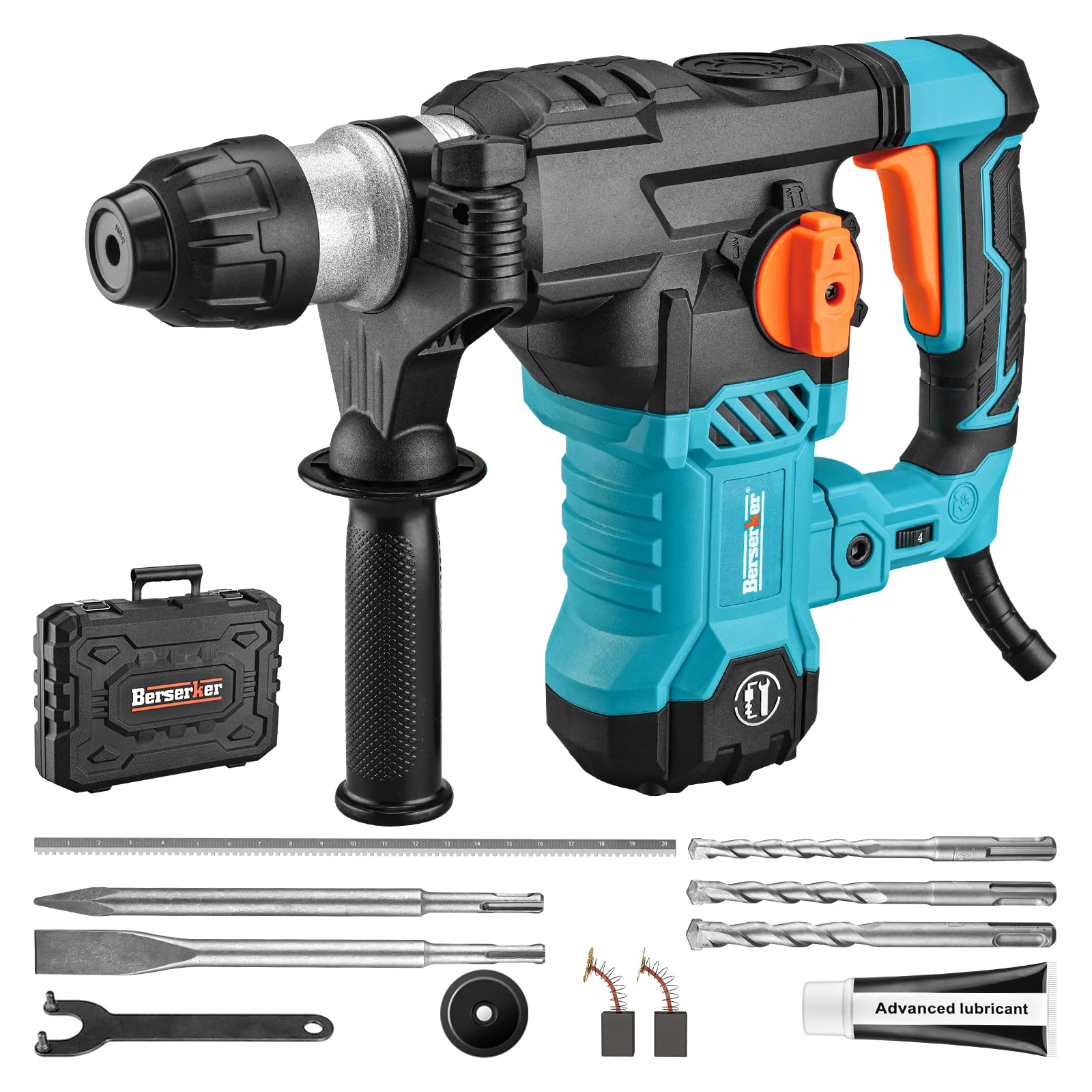 Berserker 1-1/4" SDS-Plus Rotary Hammer Drill with Vibration Control,Safety Clutch,12.5 Amp 4 Functions Corded Rotomartillo for Concrete-Including 3 Drill Bits,Flat and Point Chisel,Carrying Case