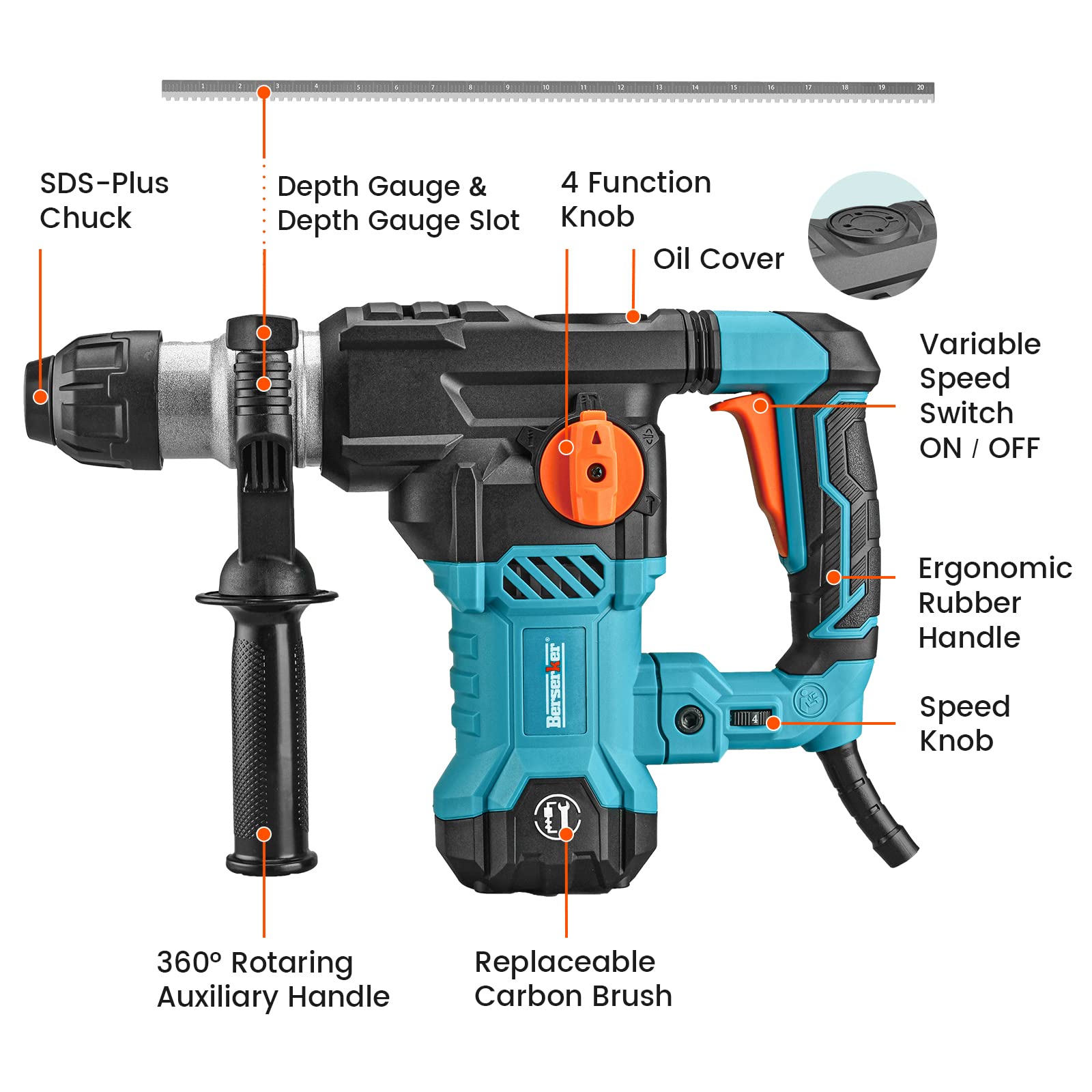 Berserker 1-1/4" SDS-Plus Rotary Hammer Drill with Vibration Control,Safety Clutch,12.5 Amp 4 Functions Corded Rotomartillo for Concrete-Including 3 Drill Bits,Flat and Point Chisel,Carrying Case