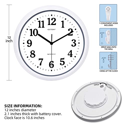 Caysie 12 Inch Indoor Outdoor Waterproof Wall Clock, Silent Non-Ticking Battery Operated Quality Quartz Round Clock for Patio, Pool, Home Decor (Gray)