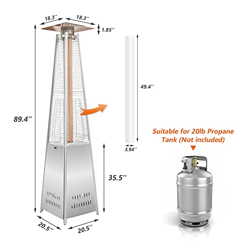 LUCKYERMORE Pyramid Patio Propane Heater, 42,000 BTU Heavy Duty Quartz Glass Tube Flame Heater with Wheels Propane, Stainless Steel