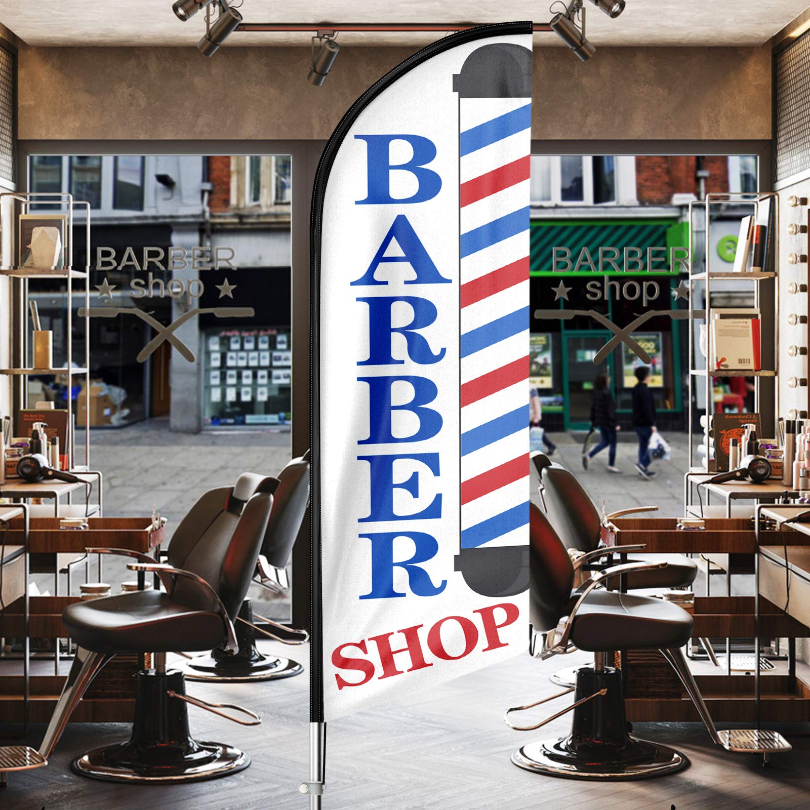 Barber Flag, Barbershop Flags with Pole Kit, Barbershop Flag with Pole Set for Businesses, Advertising Swooper Feather Flag Banner Sign for Barber Shop Business 11FT