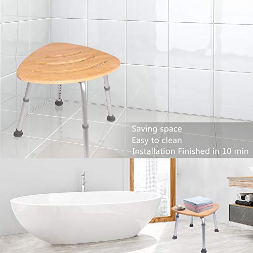 SUMGREEN Adjustable Bamboo Shower Seat, Waterproof Fanshaped Shower Stool for Elderly and Adults W/Slip-Resistant Rubber, 19.7" Lx 13.7" Wx （14"-20.7"） H (Wooden)